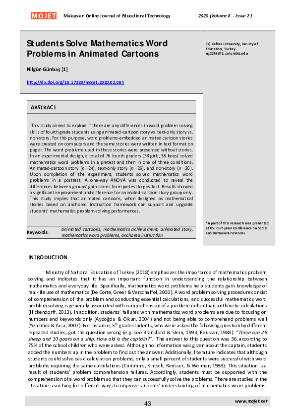 (PDF) Students Solve Mathematics Word Problems in Animated Cartoons