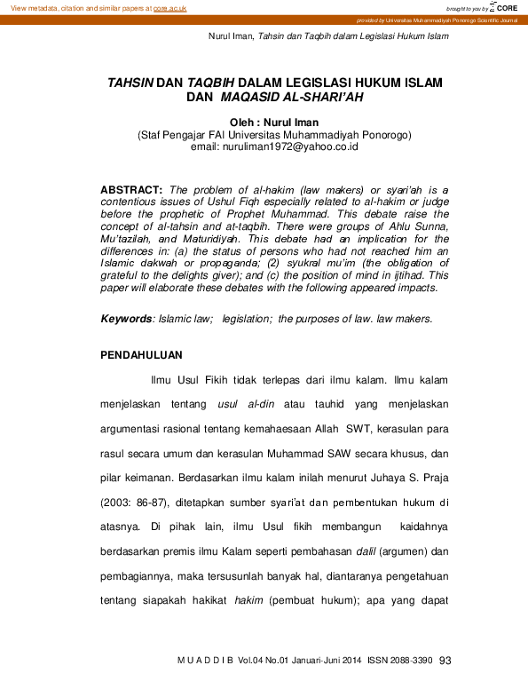 (PDF) Tahsin Dan Taqbih Dalam Legislasi Hukum Islam Dan Maqasid Al-Shariah