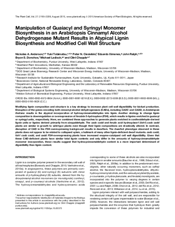 (PDF) Manipulation of Guaiacyl and Syringyl Monomer Biosynthesis in an ...