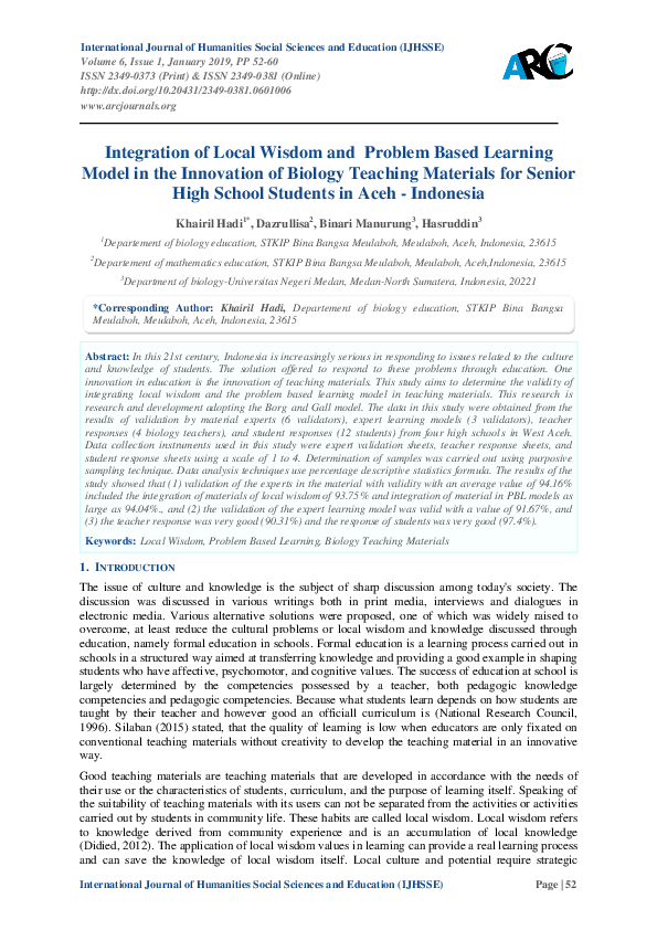 (PDF) Integration of Local Wisdom and Problem Based Learning Model in ...