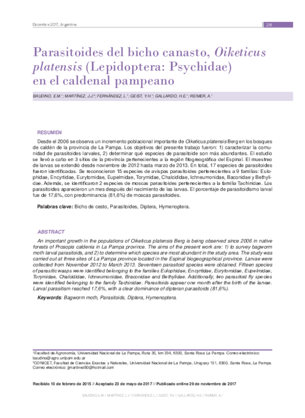 (PDF) Parasitoides del bicho canasto, Oiketicus platensis (Lepidoptera ...