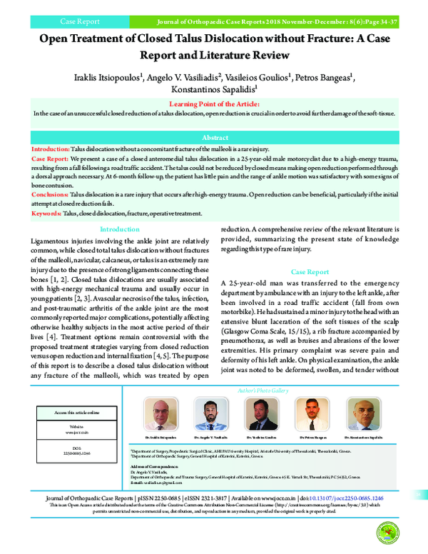 (PDF) Open Treatment of Closed Talus Dislocation without Fracture: A ...