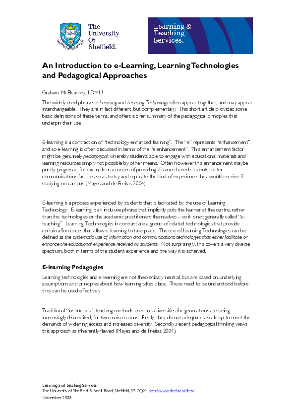 (PDF) An Introduction to e-Learning, Learning Technologies and Pedagogical Approaches