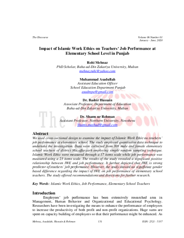 (PDF) Impact of Islamic Work Ethics on Teachers’ Job Performance at Elementary School Level in ...