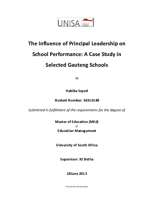 (PDF) The influence of principal leadership on school performance : a ...