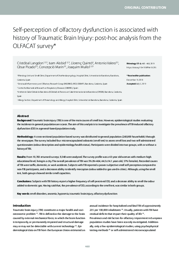 (PDF) Olfactory Dysfunction and Traumatic Brain Injury