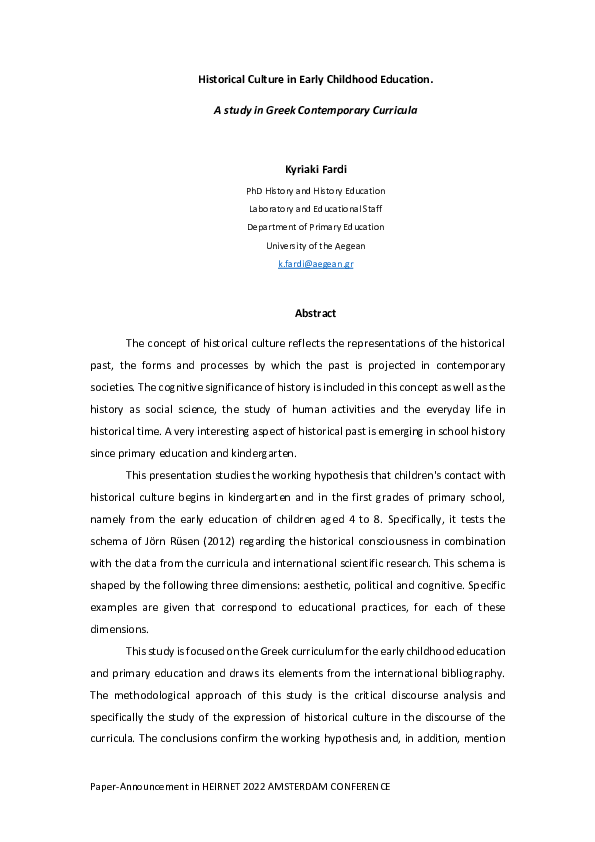 (PDF) Historical Culture in Early Childhood Education. A study in Greek ...