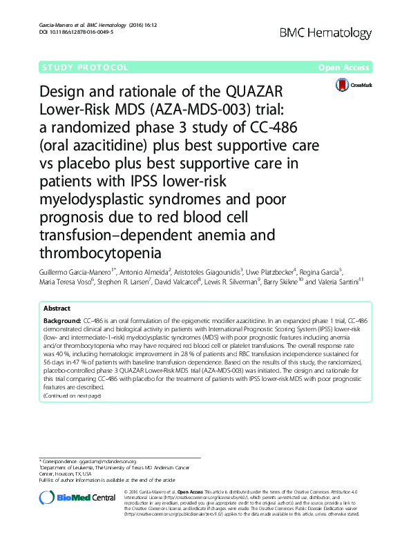(PDF) Design and rationale of the QUAZAR Lower-Risk MDS (AZA-MDS-003) trial: a randomized phase ...