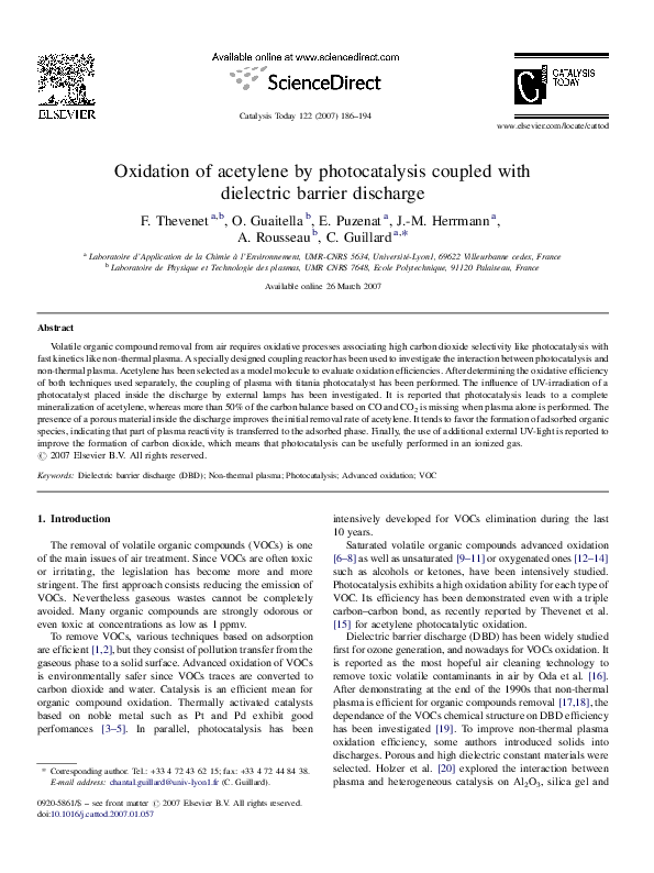 (PDF) Oxidation of acetylene by photocatalysis coupled with dielectric ...