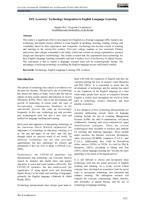 (PDF) EFL Learners' Technology Integration in English Language Learning