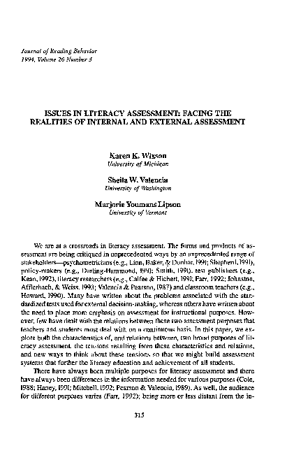 (PDF) Issues in Literacy Assessment: Facing the Realities of Internal ...