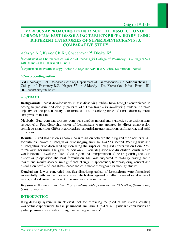 Pdf Various Approaches To Enhance The Dissolution Of Lornoxicam Fast Dissolving Tablets