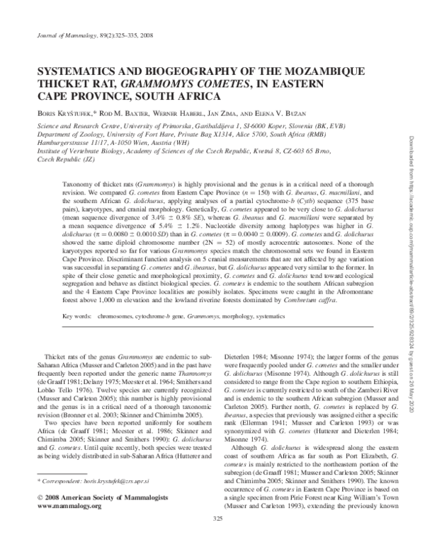 (PDF) Systematics and Biogeography of the Mozambique Thicket Rat ...