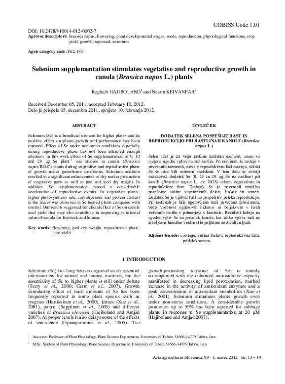 (PDF) Selenium supplementation stimulates vegetative and reproductive ...