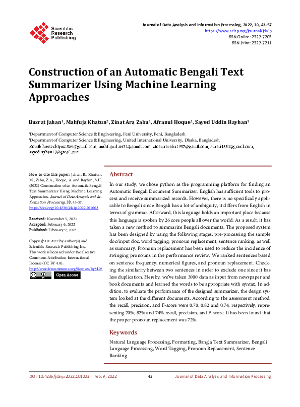 Pdf Construction Of An Automatic Bengali Text Summarizer Using Machine Learning Approaches