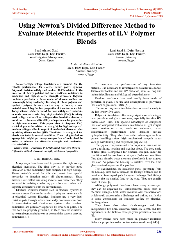 (PDF) Using Newton's Divided Difference Method to Evaluate Dielectric Properties of H.V Polymer ...