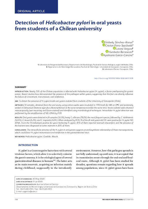 (PDF) Detection of Helicobacter pylori in oral yeasts from students of ...
