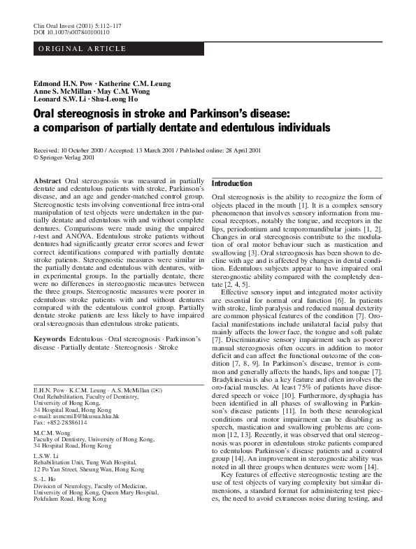 (PDF) Oral stereognosis in stroke and Parkinson's disease: a comparison ...