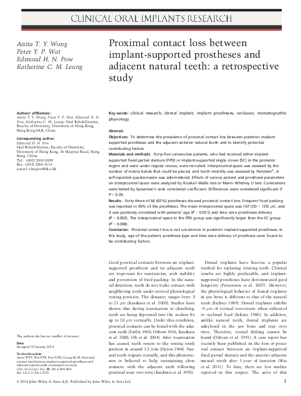 (PDF) Proximal Contact Loss in Implant-Supported Prostheses: Study Findings