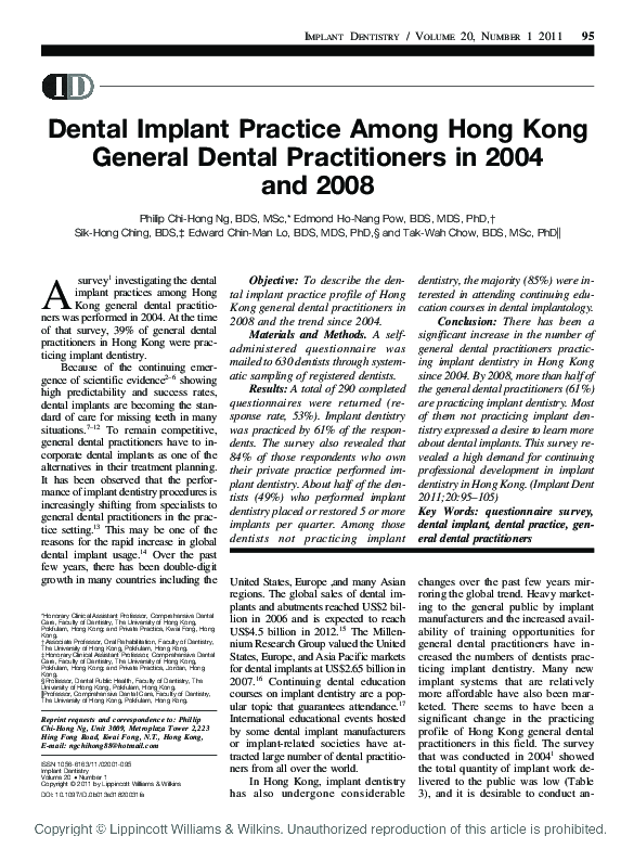 (PDF) Dental Implant Practice Among Hong Kong General Dental Practitioners in 2004 and 2008
