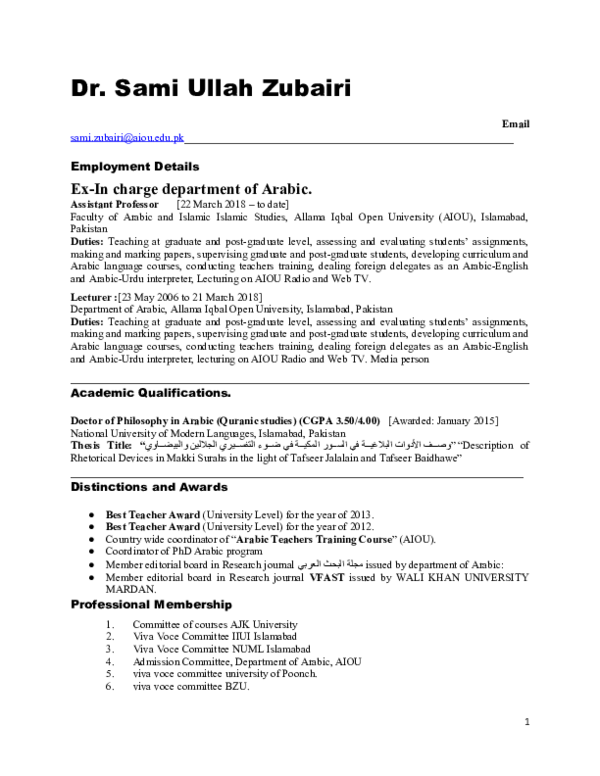 (DOC) CV Dr Sami Ullah ZUBAIRI UPDATED june2021 | Samiullah Zubairi ...