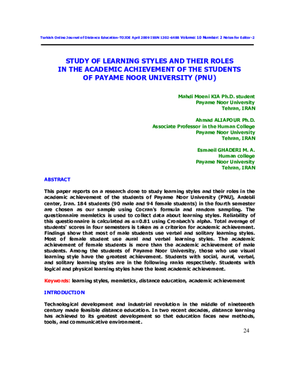 (PDF) NOTE FOR EDITOR: Study of Learning Styles and Their Roles In The Academic Achievement of ...