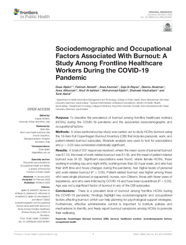 (PDF) Sociodemographic and Occupational Factors Associated With Burnout ...