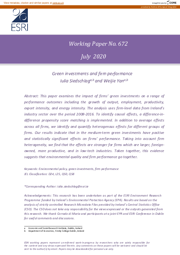 (PDF) Green investments and firm performance. ESRI Working Paper 672 ...