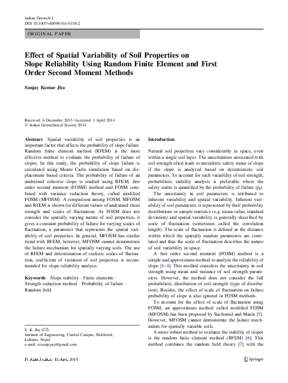(PDF) Effect of Spatial Variability of Soil Properties on Slope Reliability Using Random Finite ...