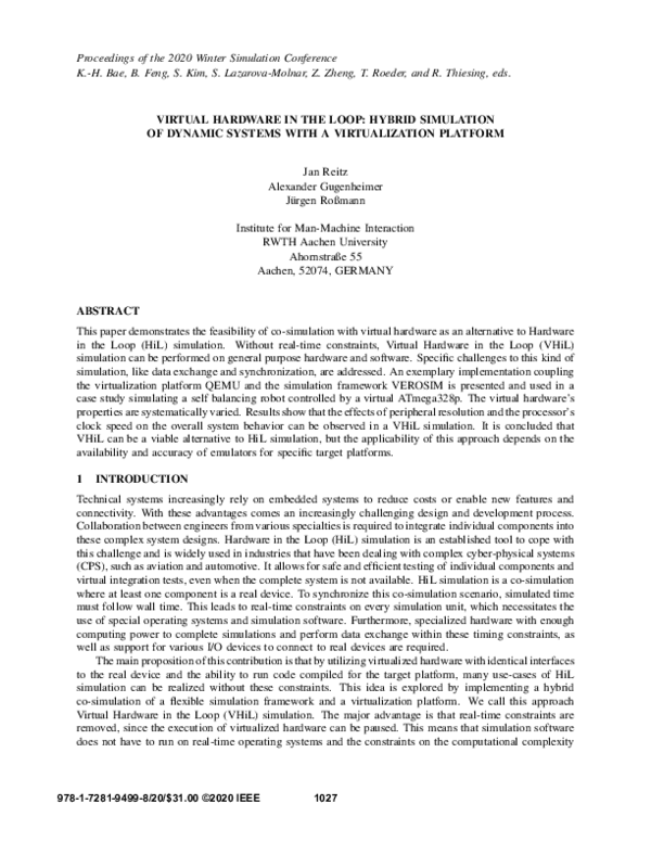 Pdf Virtual Hardware In The Loop Hybrid Simulation Of Dynamic Systems With A Virtualization