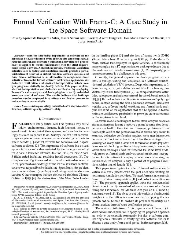(PDF) Formal Verification With Frama-C: A Case Study in the Space Software Domain