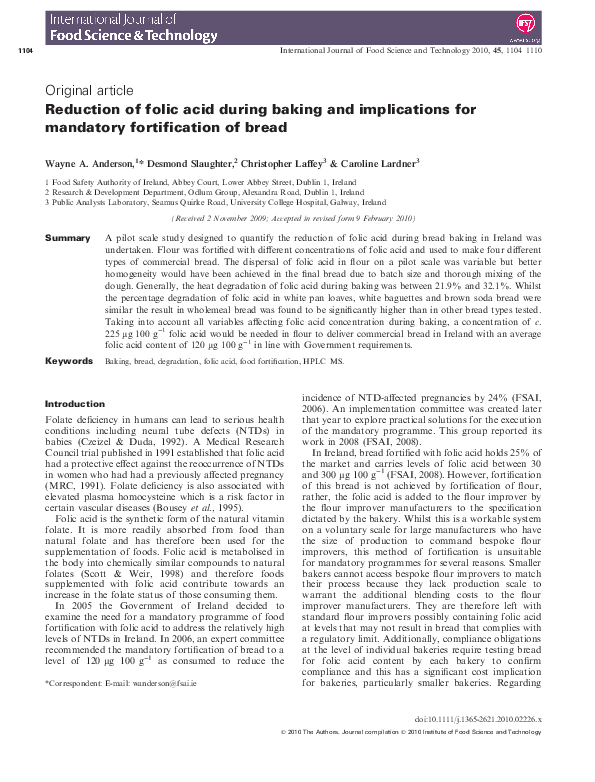 (PDF) Reduction of folic acid during baking and implications for ...