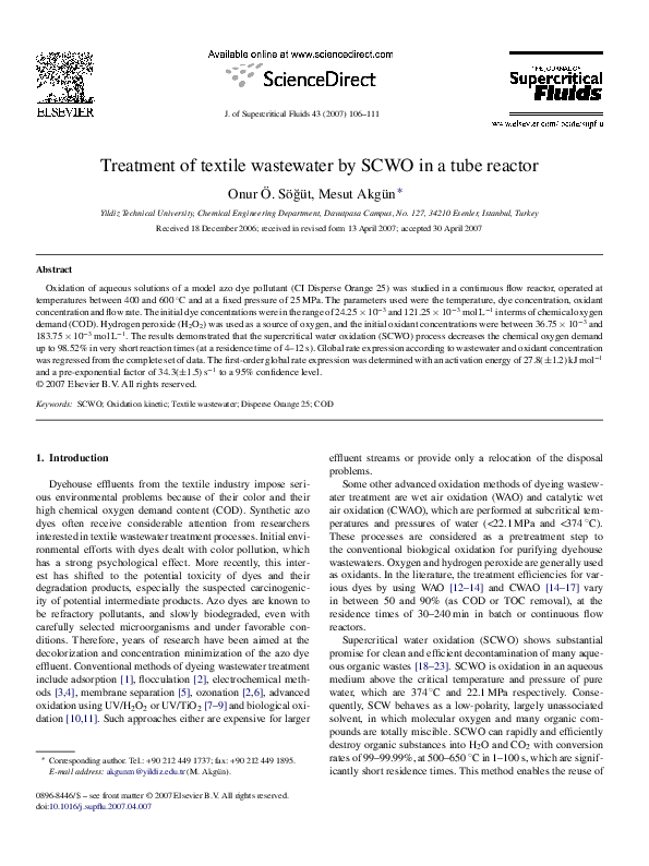 (PDF) SCWO Treatment of Azo Dye Textile Wastewater