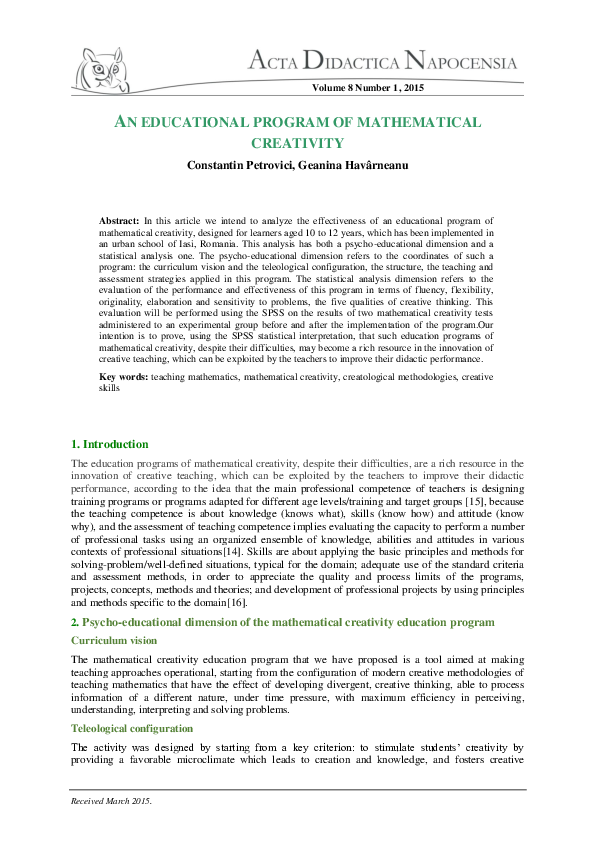 (PDF) Psycho-educational dimension of the mathematical creativity ...