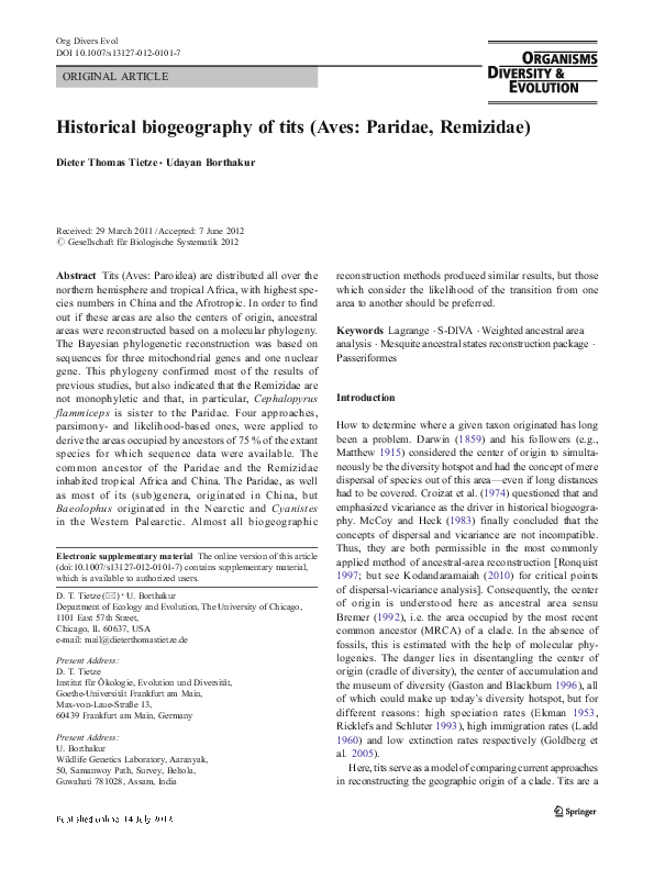 (PDF) Historical biogeography of tits (Aves: Paridae, Remizidae)