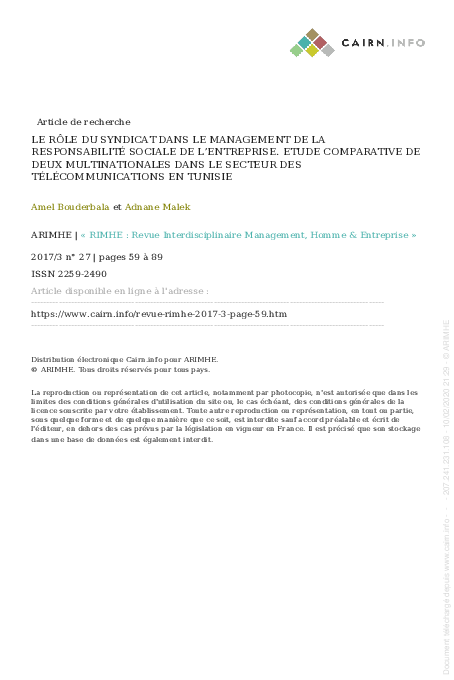 (PDF) Le rôle du syndicat dans le management de la Responsabilité Sociale de l’Entreprise. Etude ...