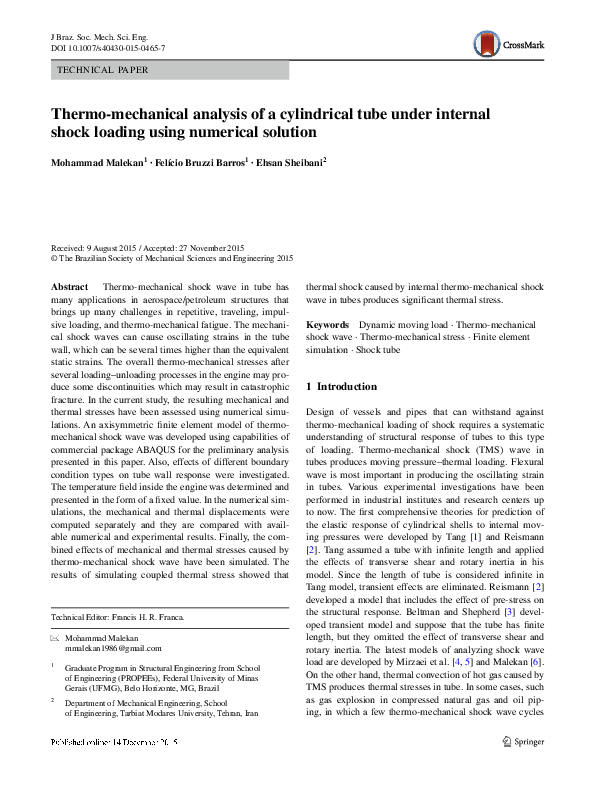 (PDF) Thermo-mechanical analysis of a cylindrical tube under internal shock loading using ...