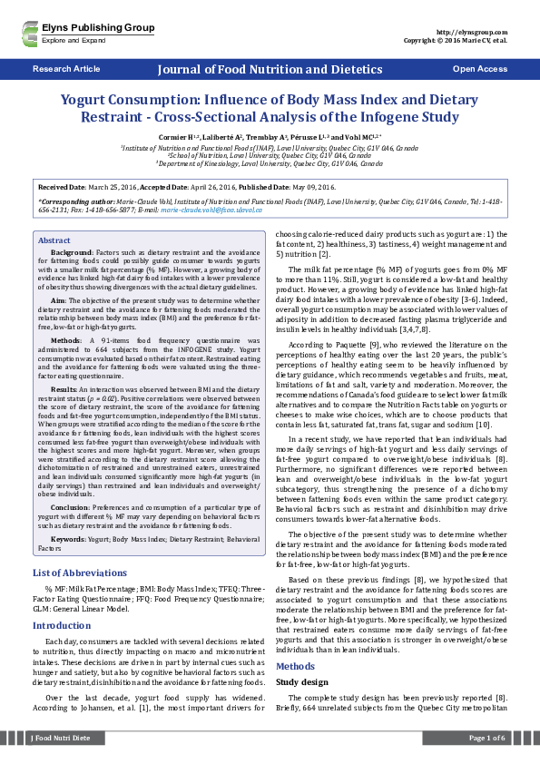 (PDF) Yogurt Consumption: Influence of Body Mass Index and Dietary ...