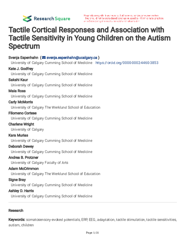 (PDF) Tactile Cortical Responses and Association with Tactile Sensitivity in Young Children on ...