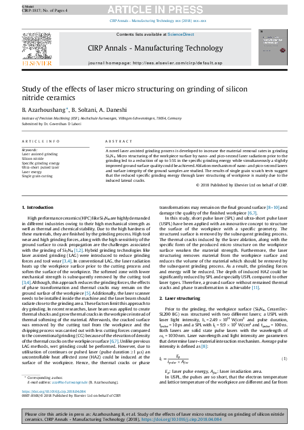 (PDF) Study of the effects of laser micro structuring on grinding of silicon nitride ceramics