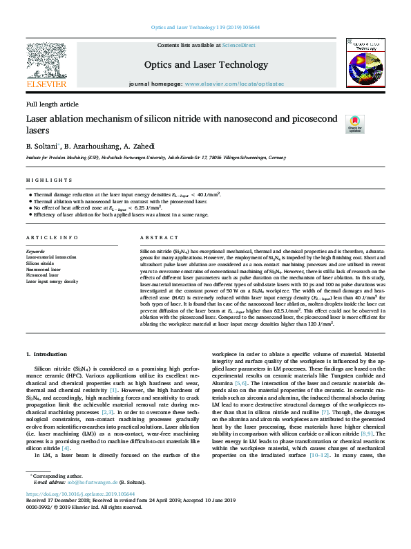 Laser ablation mechanism of silicon nitride with nanosecond and picosecond lasers