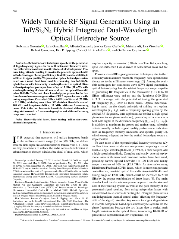 (PDF) Widely Tunable RF Signal Generation Using an InP/Si3N4 Hybrid Integrated Dual-Wavelength ...