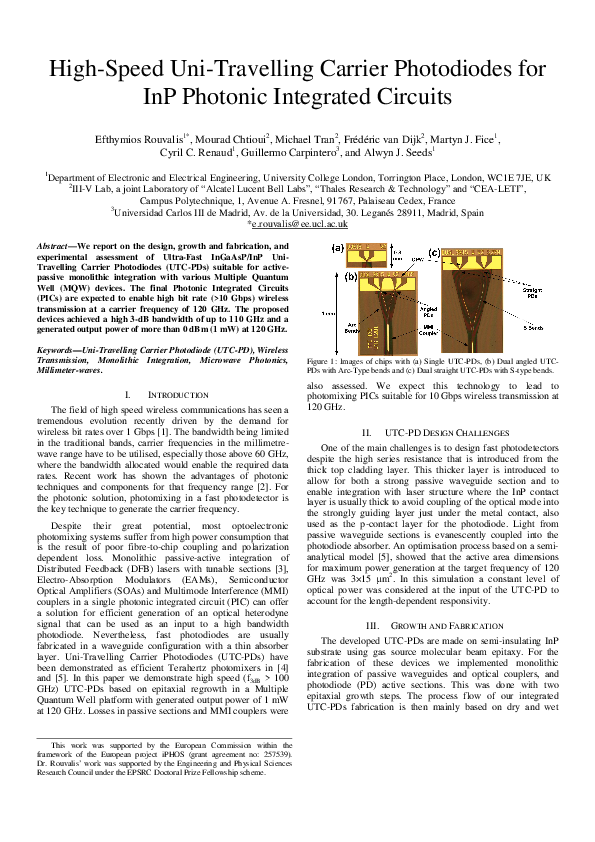 (PDF) High-Speed Uni-Travelling Carrier Photodiodes for InP Photonic Integrated Circuits