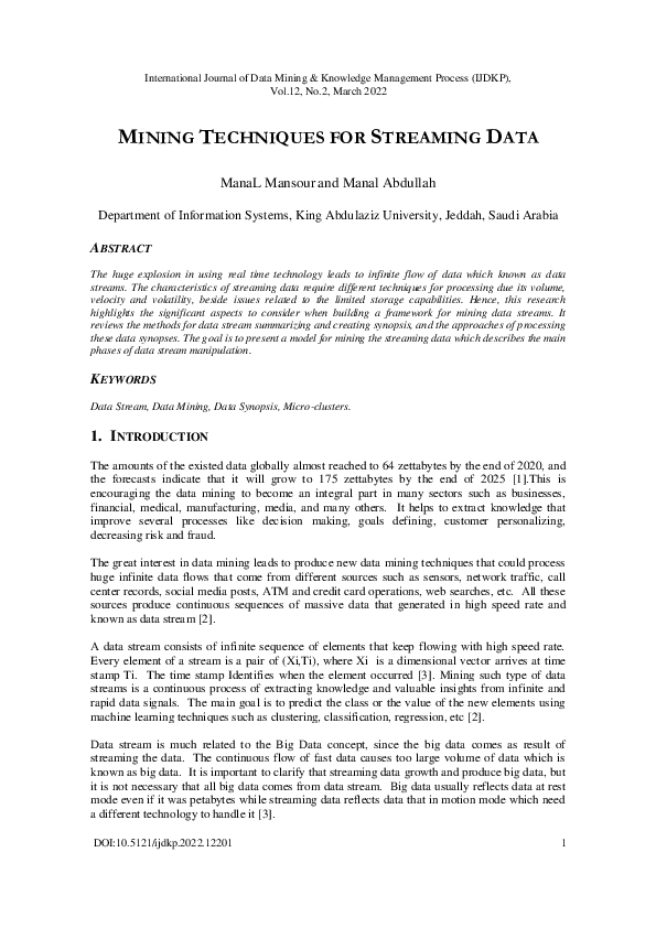 (PDF) Mining Techniques for Streaming Data