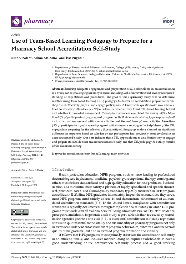 (PDF) Use of Team-Based Learning Pedagogy to Prepare for a Pharmacy ...