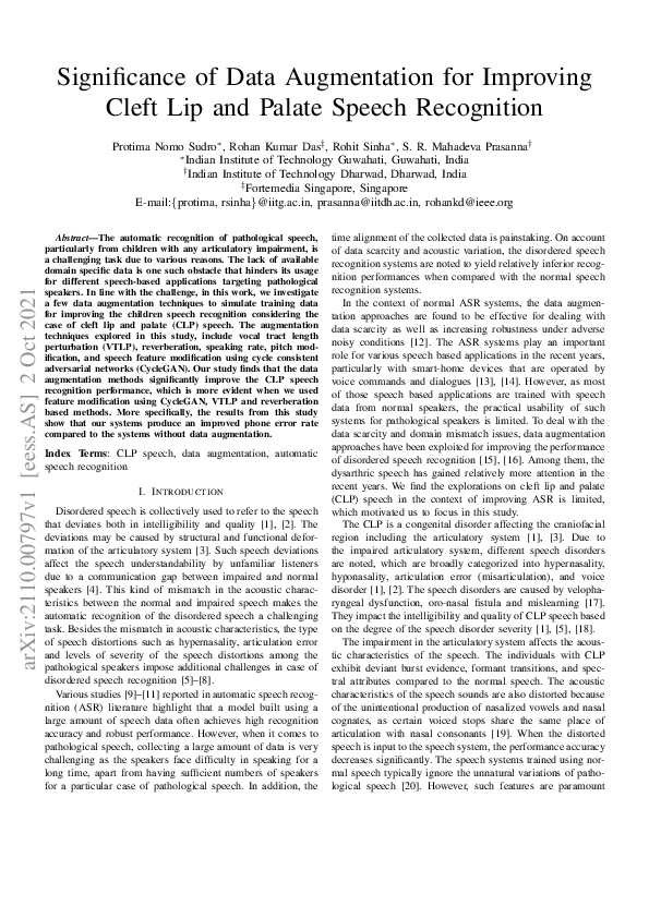 (PDF) Significance of Data Augmentation for Improving Cleft Lip and Palate Speech Recognition