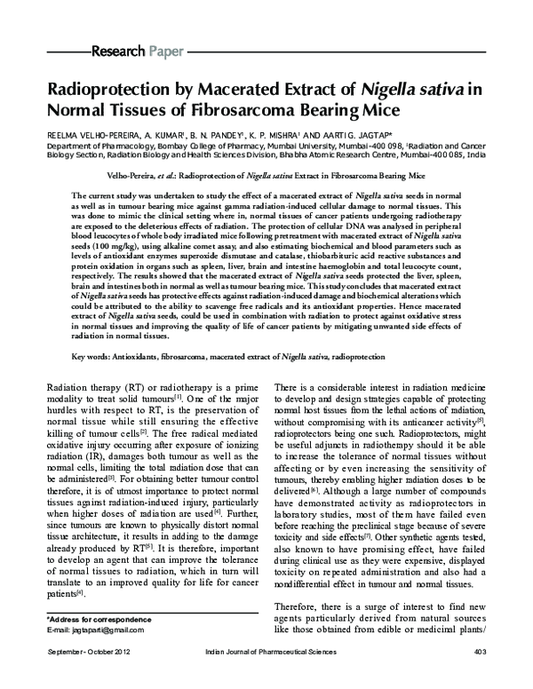 (PDF) Radioprotection by macerated extract of Nigella sativa in normal ...