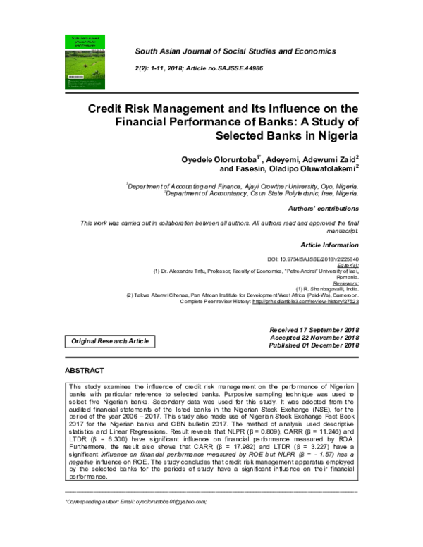 (PDF) Credit Risk Management and Its Influence on the Financial Performance of Banks: A Study of ...