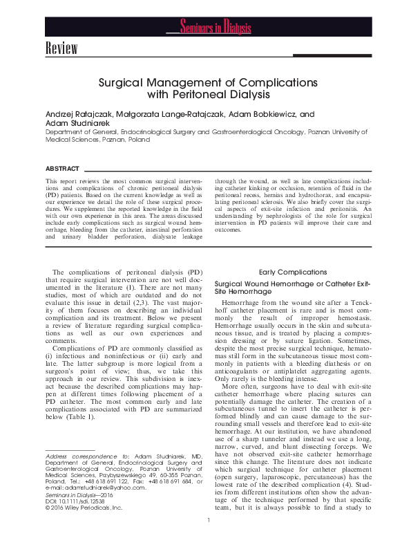 (PDF) Surgical Management of Complications with Peritoneal Dialysis