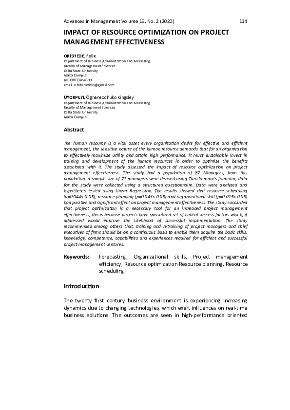 (DOC) IMPACT OF RESOURCE OPTIMIZATION ON PROJECT MANAGEMENT EFFECTIVENESS